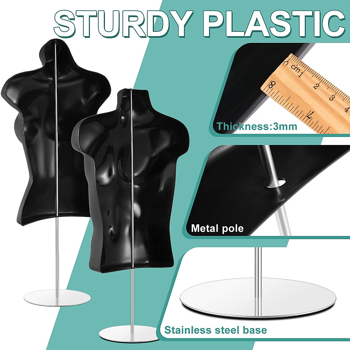 Kigley 2 Pcs Male and Female Mannequin Torso with Stand Black Dress Form Mannequin Hollow Back Body Torso Set Half Body T Shirt Display for Craft Show Counter Top Photo Design, S-Medium Clothes Size