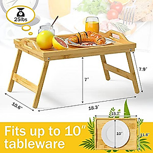 Bed Breakfast Tray Table Serving Lap Food TV Dinner for Eating with Folding Legs & Handles Bamboo