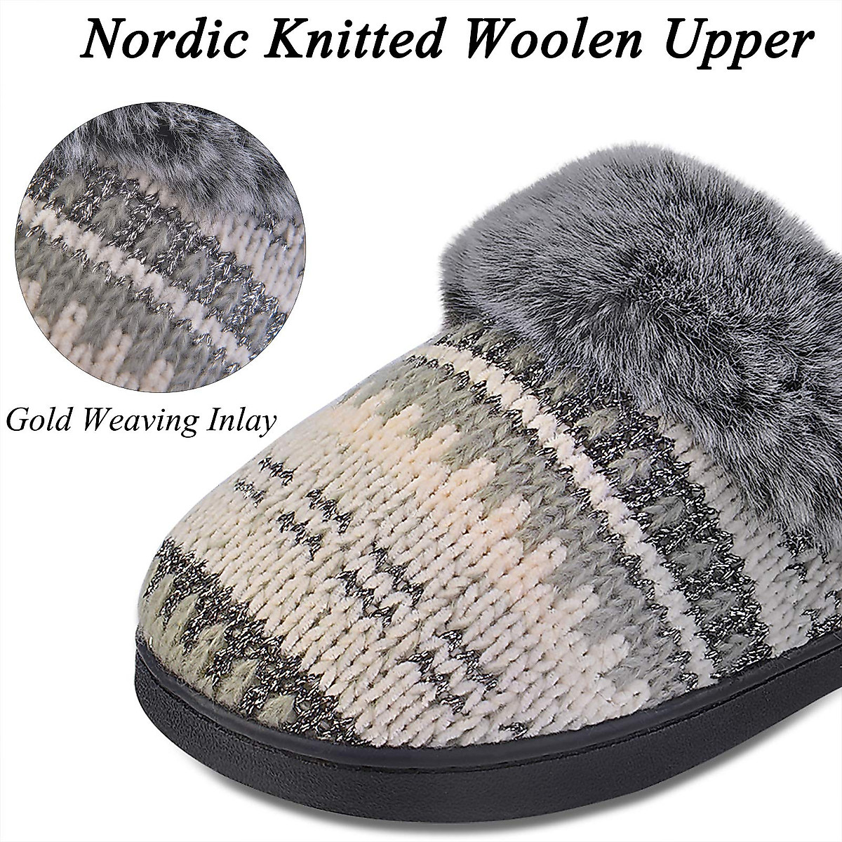 DL Women's House Slippers with Fuzzy Plush Faux Fur Collar, Memory Foam Slip on House Shoes with Indoor Outdoor Anti-Skid Rubber Sole, Grey/white, 7-8