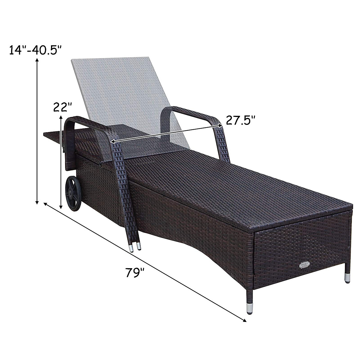 Tangkula Patio Chaise with Wheels, 6 Positions Adjustable Outdoor Lounger Chair with Steel Frame, Mix Brown Weaving Rattan, Cushion and Head Pillow, Suitable for Poolside, Balcony and Garden