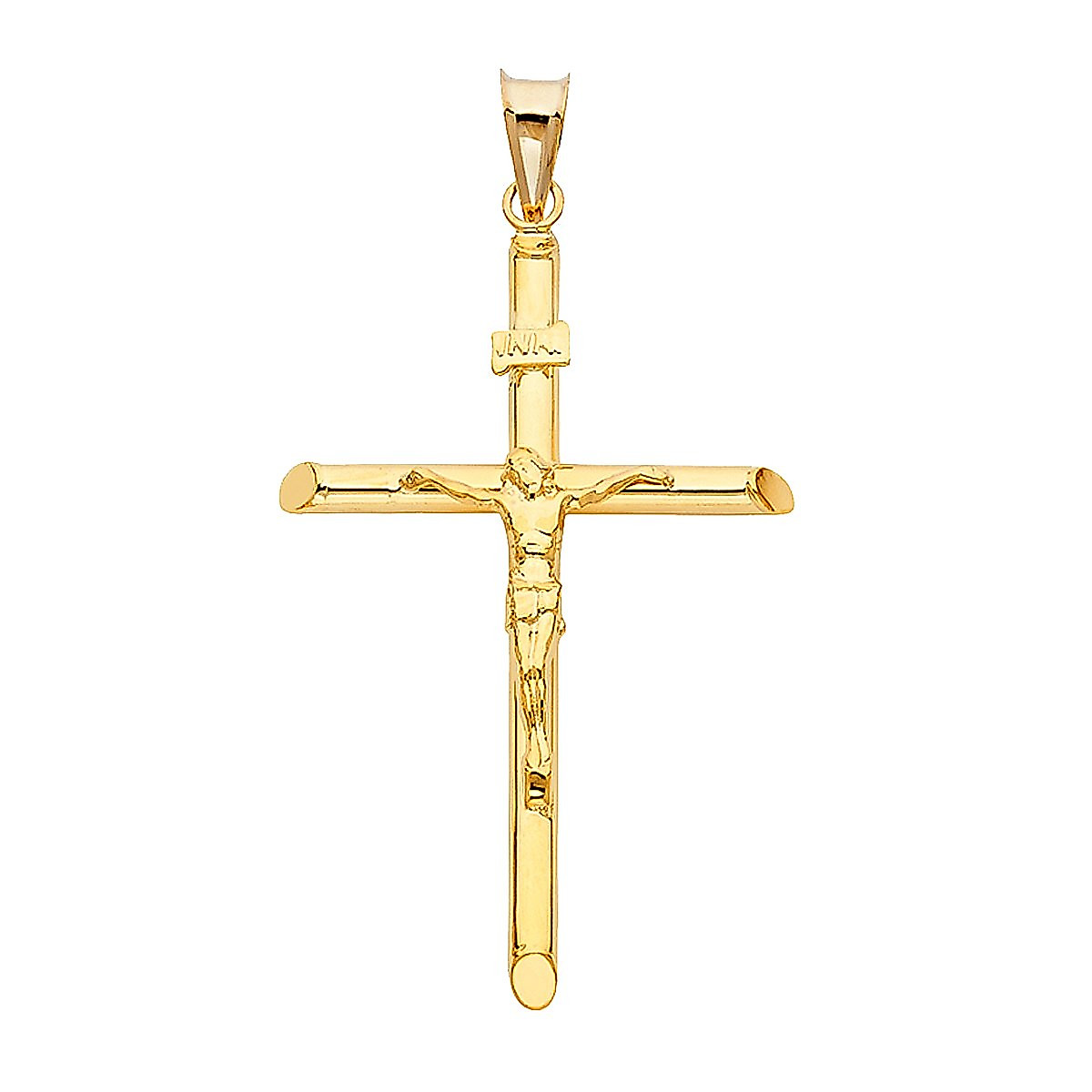 14K Yellow Gold Jesus Engraved Cross Pendant - Crucifix Charm Polish Finish - Handmade Spiritual Symbol - Gold Stamped Fine Jewelry - Great Gift for Men & Women, 42 x 28 mm, 1.6 gms
