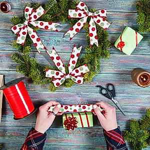 Tatuo 2 Rolls Christmas Glitter Wired Ribbon Christmas Tree Burlap Ribbon Green Red Polka Dot Ribbon Sparkly Xmas Tree Decoration DIY Bows Wreath(1.5 Inch x 6 Yard Per Roll,White Base)