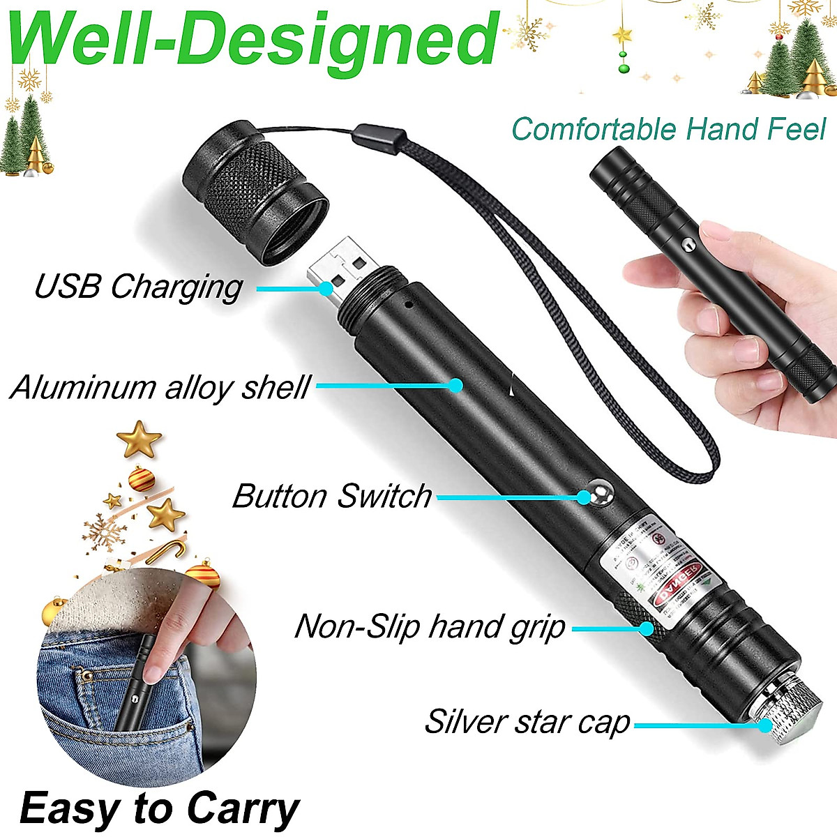 Green Laser Pointer High Power, High Power Laser Pointer Long Range Strong Green Laser Light Pointer USB Rechargeable Lazer Pointer Pen for Presentations Teaching Astronomy Hunting High Laser Pointer