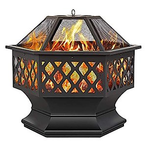 Topeakmart Portable Fire Pit Outdoor Firepit with Mesh Sides Cover Poker Steel Heater Fireplace Wood Burning Pit Hexagon Shaped Fireplace Metal Brazier 24in