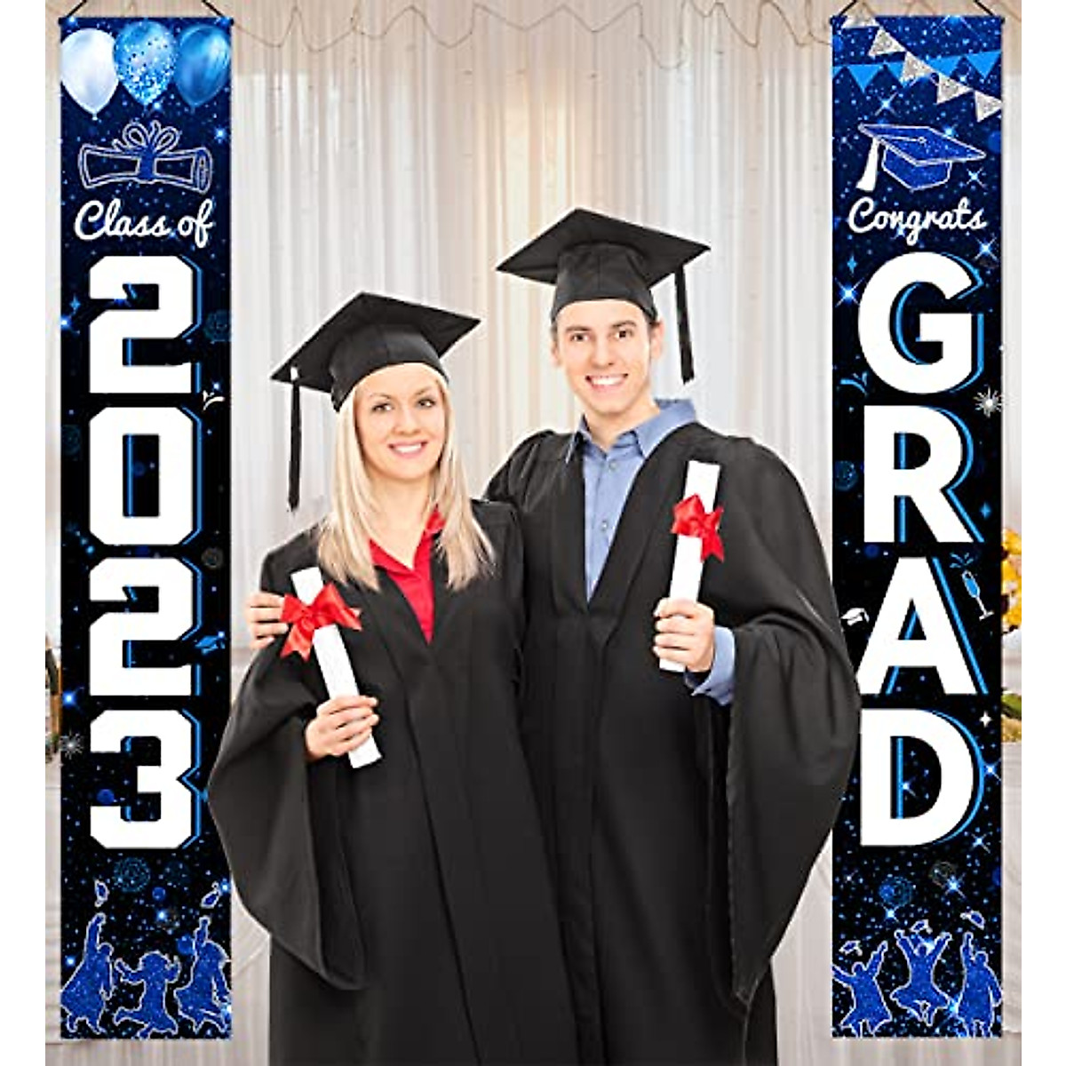 2023 Graduation Decorations-Class of 2023 Congrats Grad Porch Sign Banner,Door Hanging Welcome Banner for Blue Graduation Party Supplies