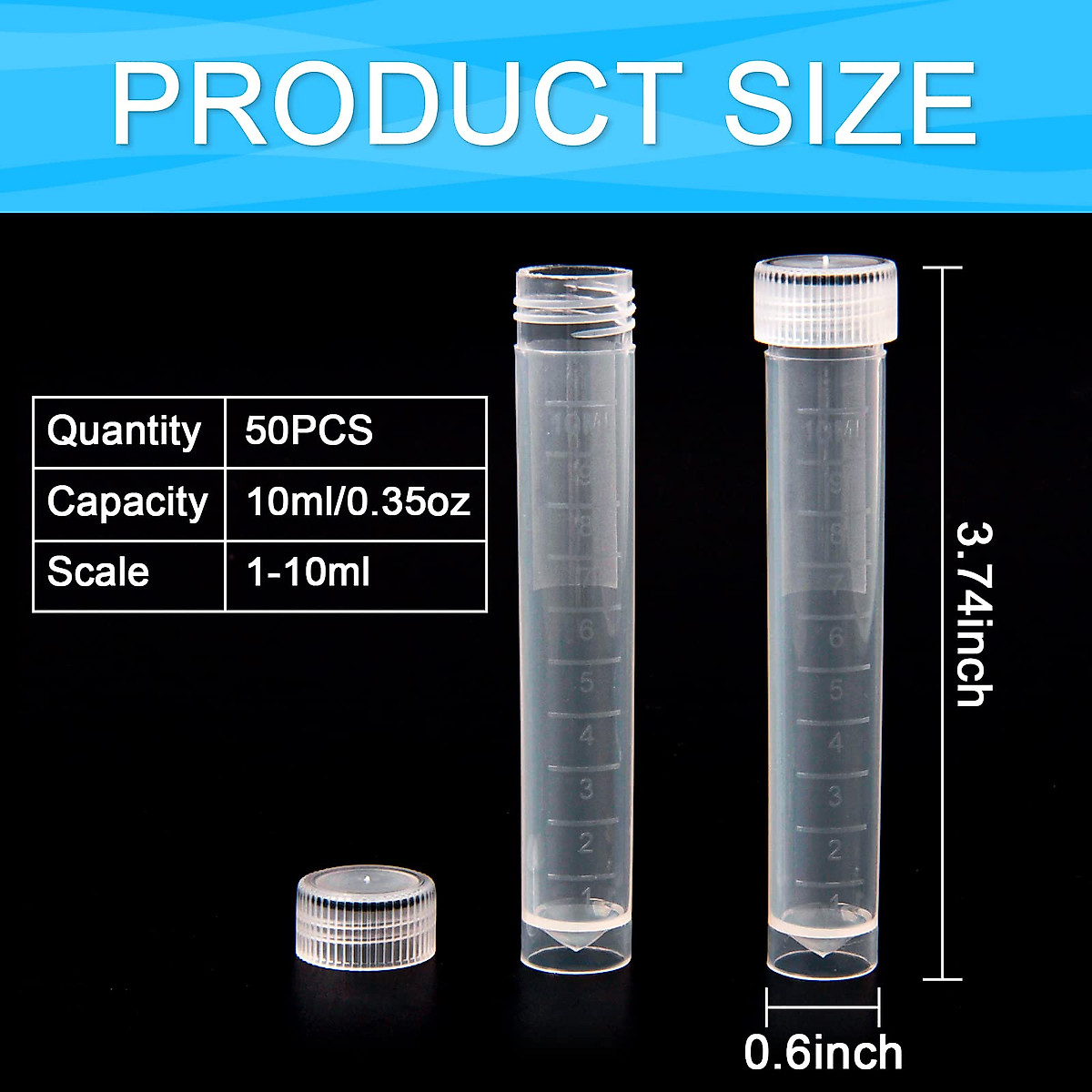 Qfeley 50 Pack 10ml Lab Plastic Frozen Test Tubes Cryogenic Vial with Screw Caps Self Standing Vial Seal Cap Container for Laboratory School