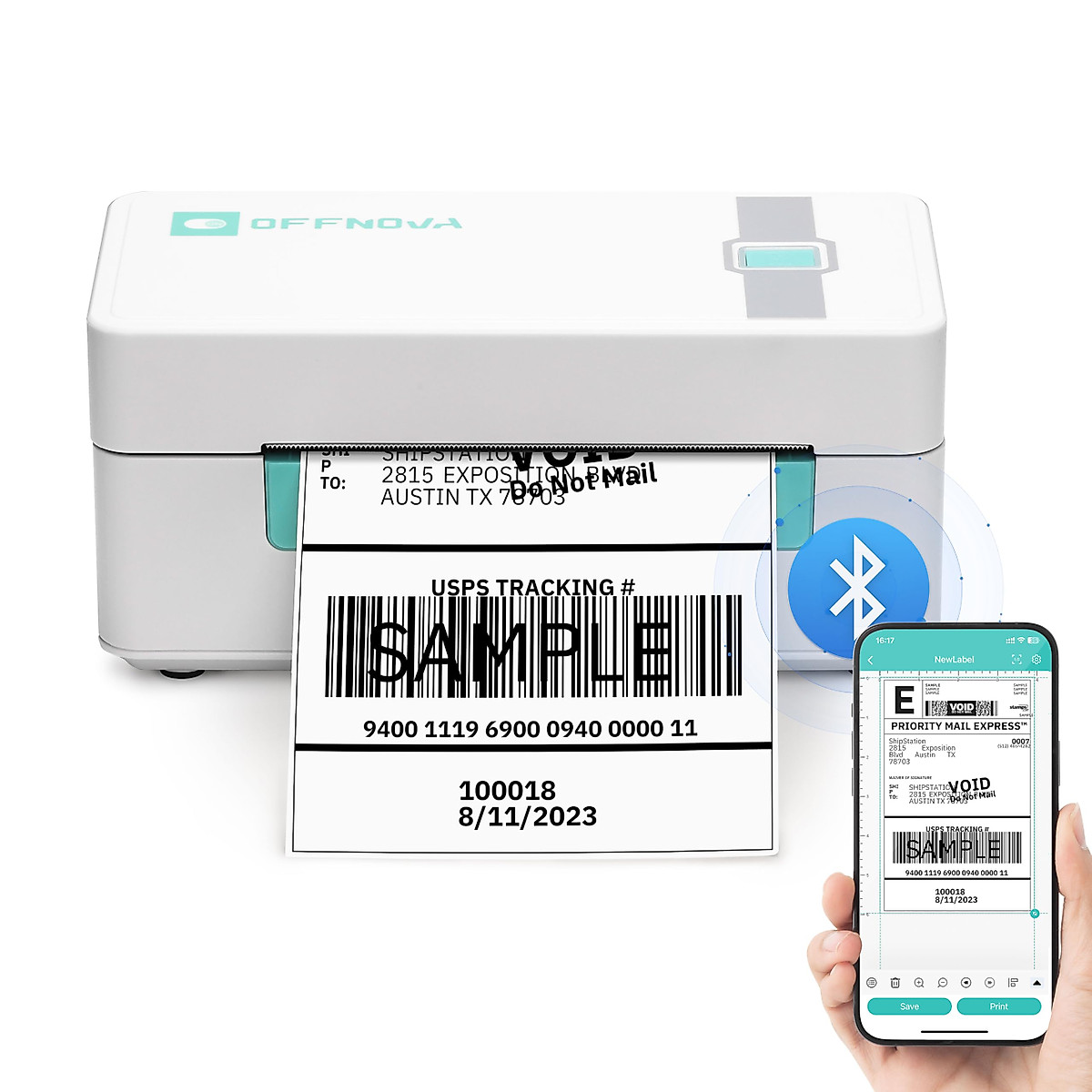 OFFNOVA Bluetooth Thermal Label Printer, Wireless 4X 6 Shipping Label Printer for Small Business Packaging Supplies, Supports Shipstation Paypal FBA Esty USPS