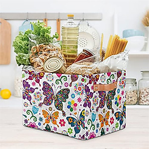 Pardick Floral Butterfly Large Collapsible Storage Bins ,Flying Butterfly Decorative Canvas Fabric Storage Boxes Organizer with Handles，Rectangular Baskets Bin for Home Shelves Closet Nursery Gifts