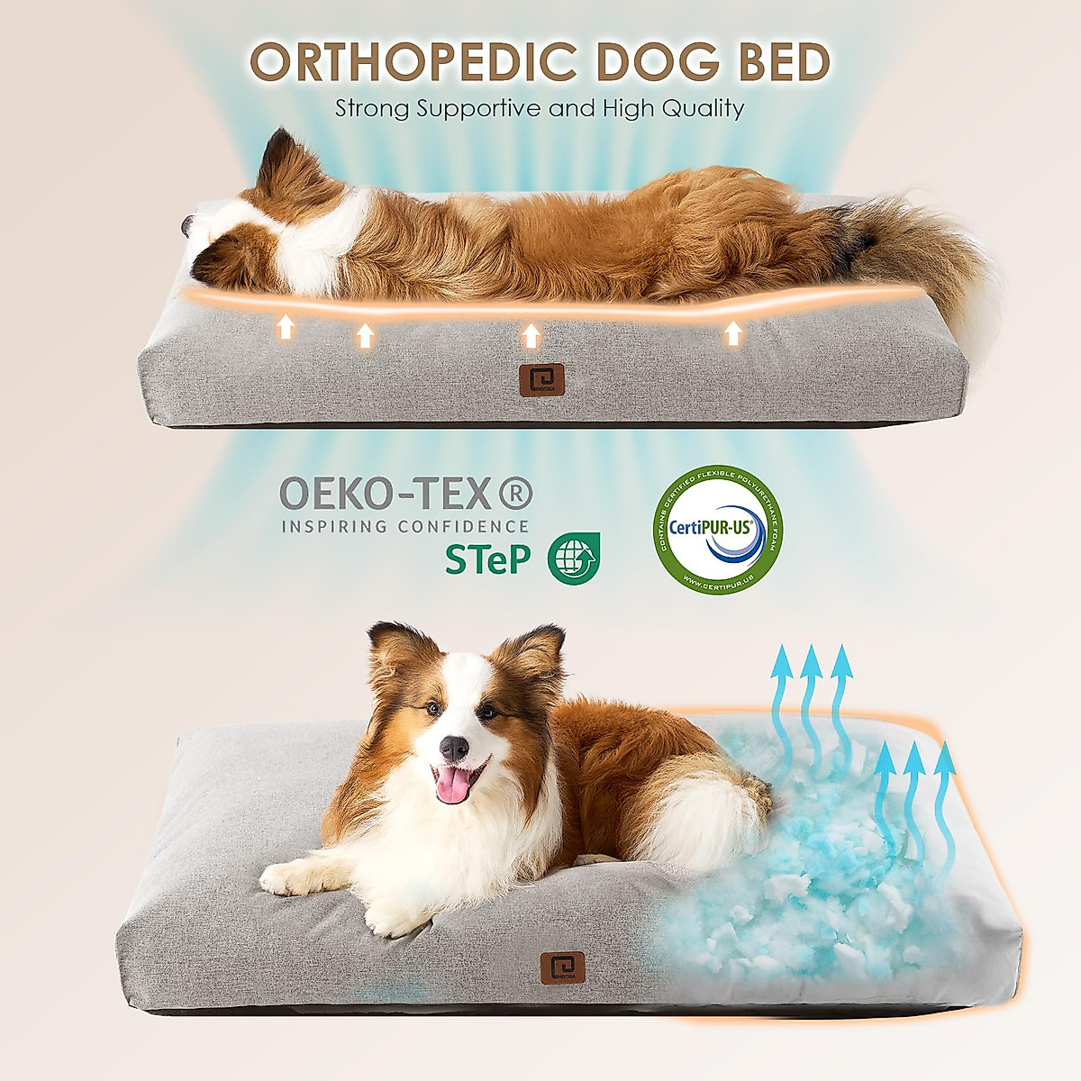 EHEYCIGA Extra Large Waterproof Orthopedic Shredded Memory Foam Dog Bed, 41x27, Grey