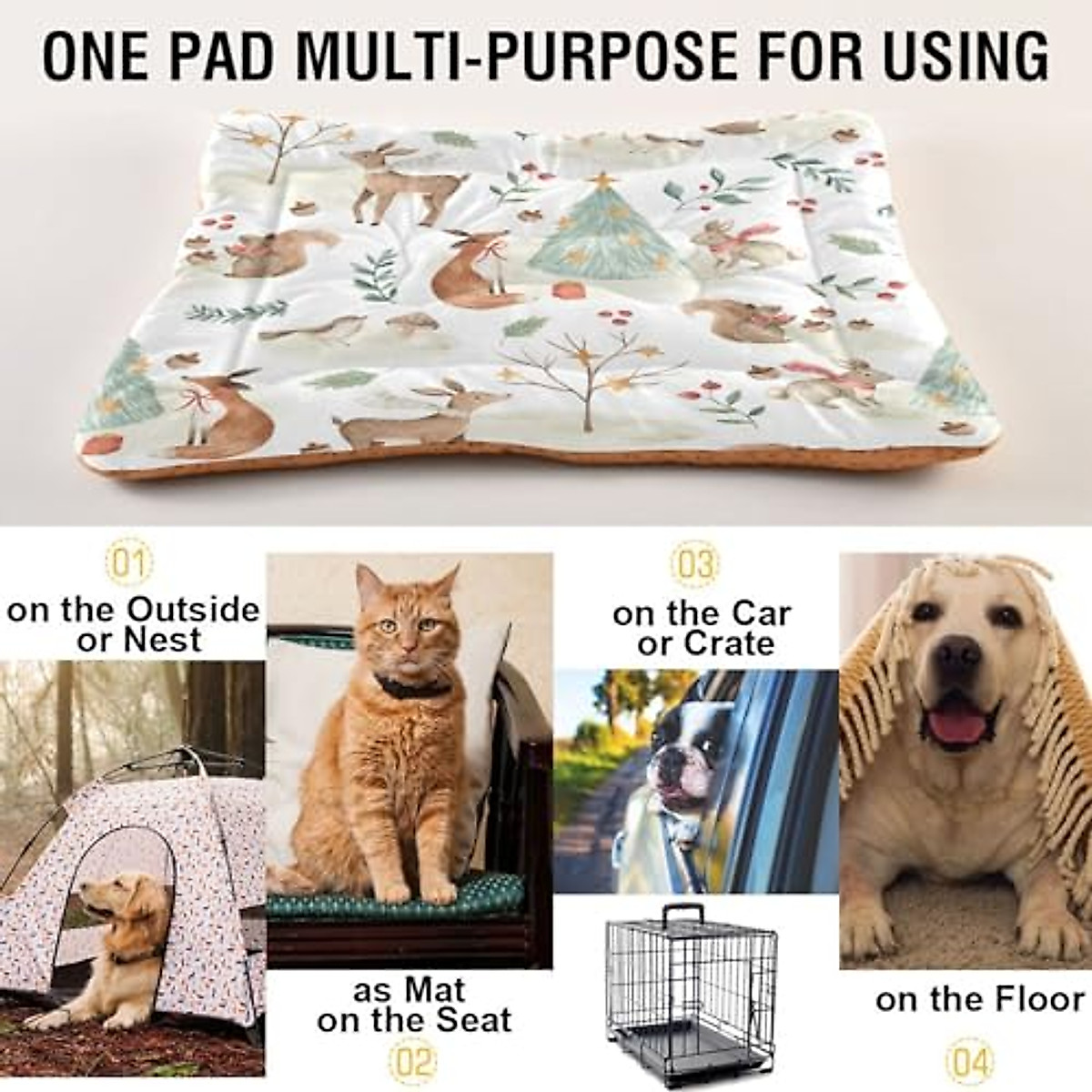 Kigai Woodland Animals Pet Bed Mat, Soft Cozy Crate Pet Mattress, Anti-Slip Bottom Machine Washable Pet Mat for Dog Sleeping