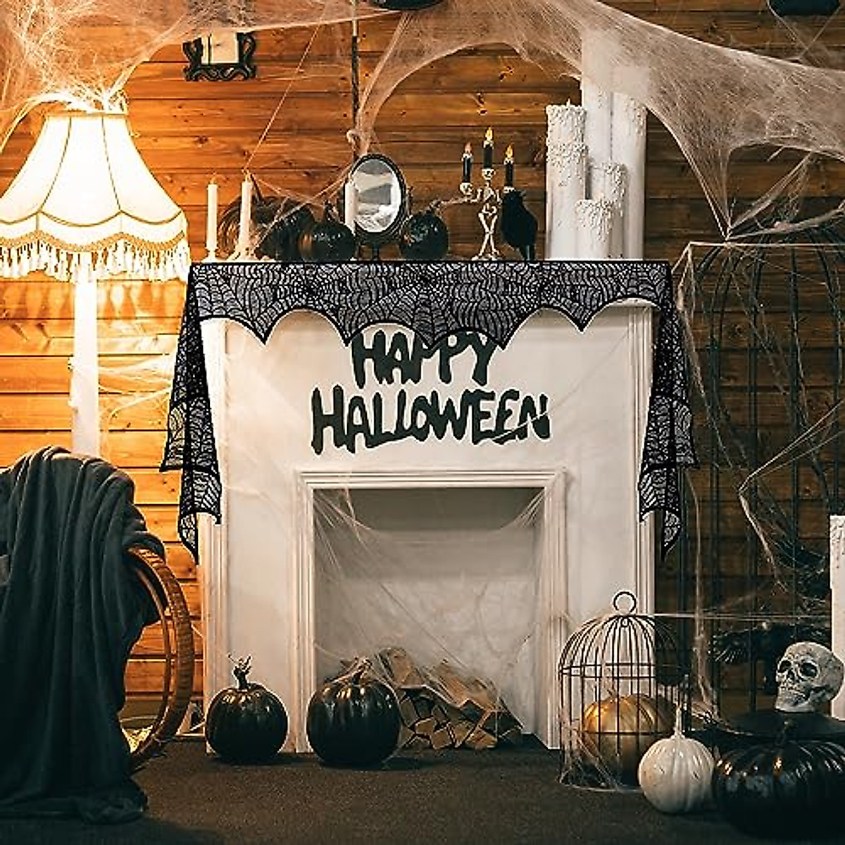 Amaxiu Halloween Fireplace Mantle Scarf, Spiderweb Mantel Decor Black Lace Fireplace Mantle Cover 18 x 96 in Festive Halloween Party Decorations Gothic Indoor Decor