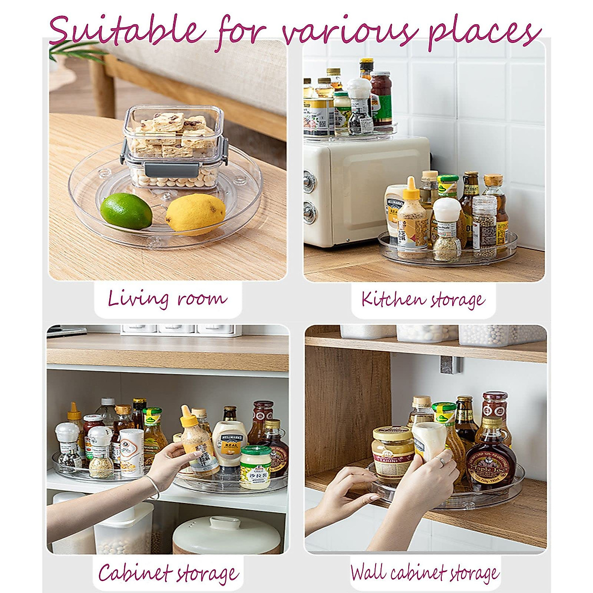 Lazy Susan Turntable Storage Organizer 2 Pcs，Kitchen Spice Rack，Rotation Clear Cupboard Turntable,Dressing Table Storage Rack,Use for Kitchen Dining Room Cabinet Refrigerator Bathroom and Powder Room