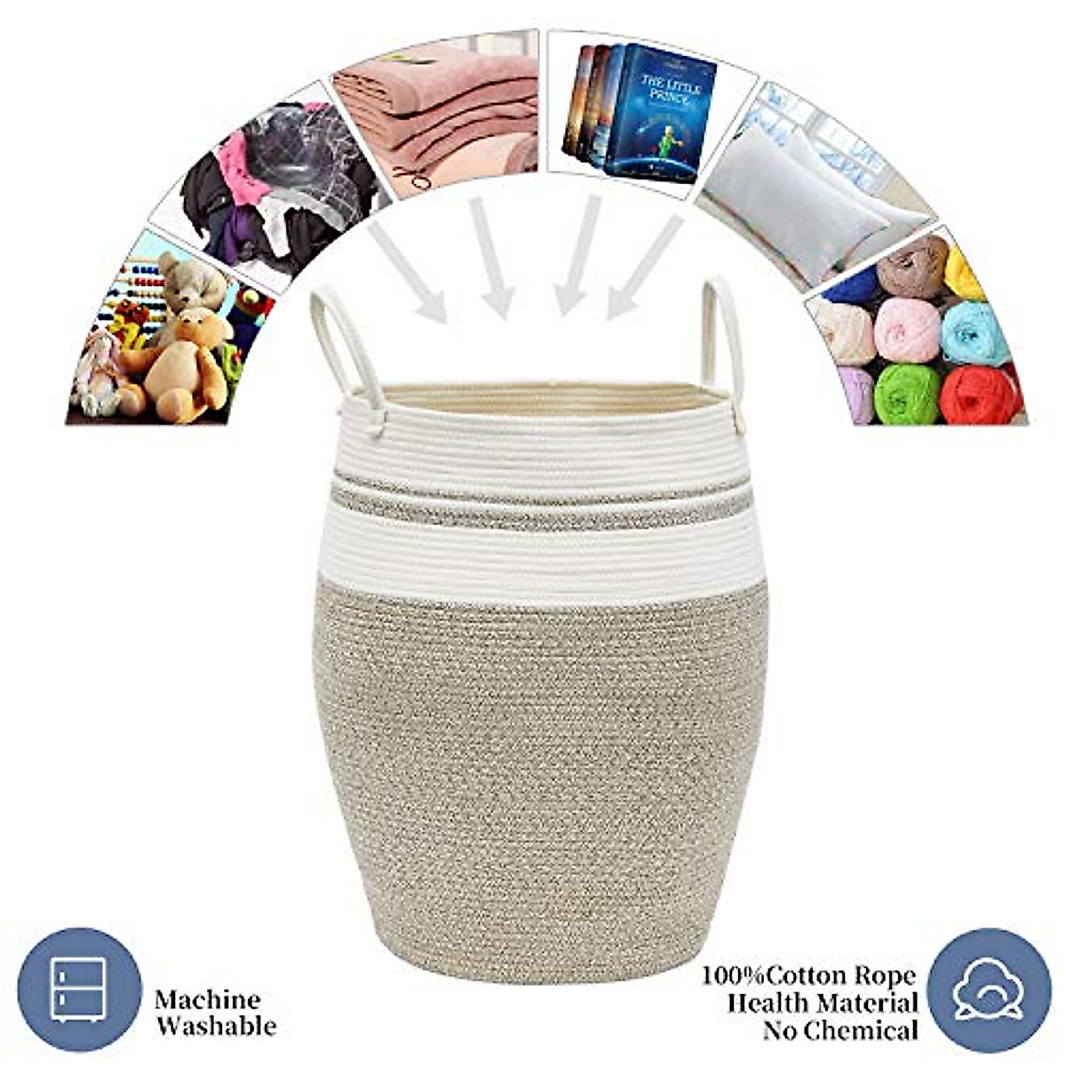 InfiBay Large Laundry Hamper | Tall Laundry Basket | Woven Cotton Rope Clothes Hamper | 25.6” Height Tall Dirty Clothes Hamper with Extended Handles in Bedroom, Bathroom or Living Room