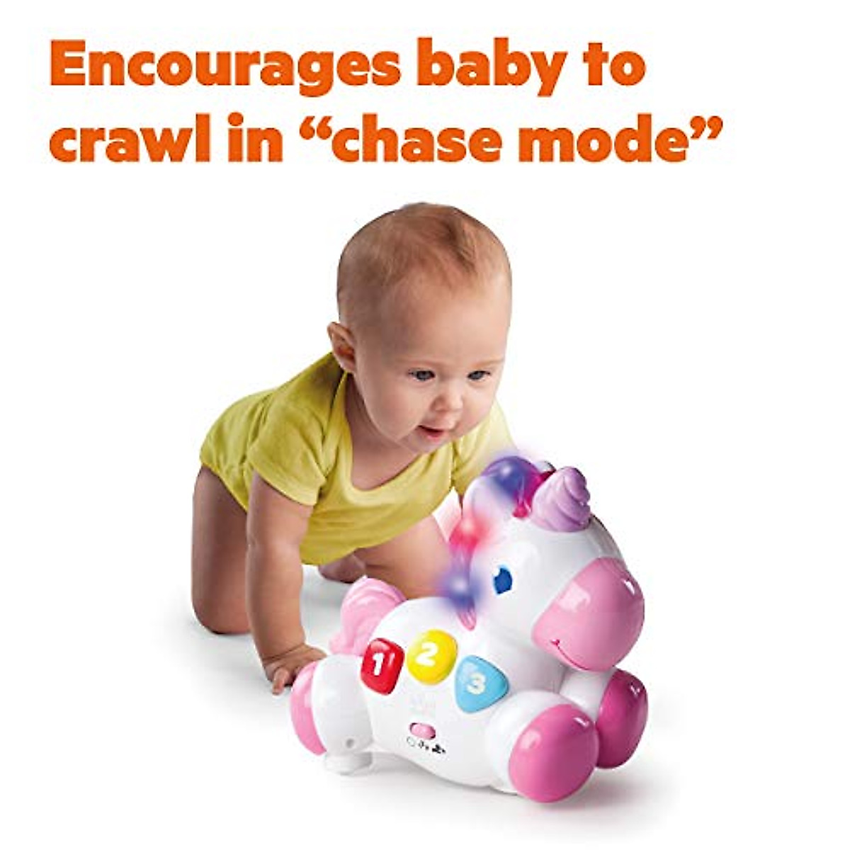 Bright Starts Rock & Glow Unicorn Crawling Baby Toy with Lights and Melodies, Age 6 Months +, Pink