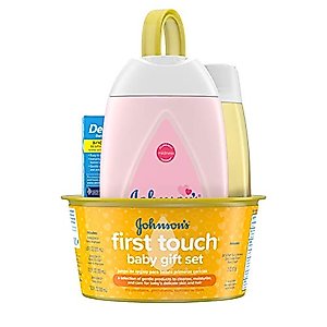 Johnson's First Touch Baby Gift Set, Baby Bath, Skin, & Hair Essential Products, Kit for New Parents with Wash, Shampoo, Lotion, & Diaper Rash Cream, Hypoallergenic & Paraben-Free, 5 Items