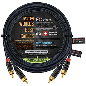 20 Foot RCA Cable Pair - Gotham GAC-4/1 (Black) Star-Quad Audio Interconnect Cable with Amphenol ACPL Black Chrome Body, Gold Plated RCA Connectors - Directional