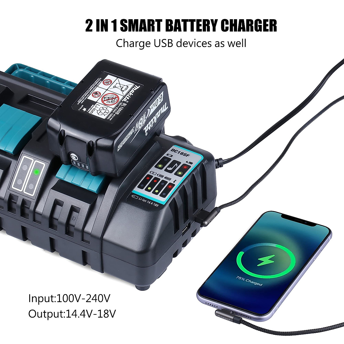 18V DC18SF 4-Port Fast Charger with Dual USB Port Compatible with 14.4V 18V LXT Li-ion Battery BL1840 BL1850 BL1860 BL1890, Replacement for 18 Volt Battery Charger DC18RC DC18RD