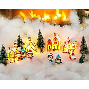18 Pcs Christmas Village Set Includes 4 LED Lighted Christmas Village Houses 4 Boys Girls Figurines Resin Santa Model 8 Mini Christmas Tree Snow Blanket Roll Winter Xmas Village Collection for Desktop