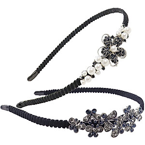 TCOTBE 2 Pack Rhinestone Hair Accessories: Crystal Headbands, Shiny Butterfly Flowers, Vintage Sparkly Beaded Hoops, Pearl Jewelry for Women