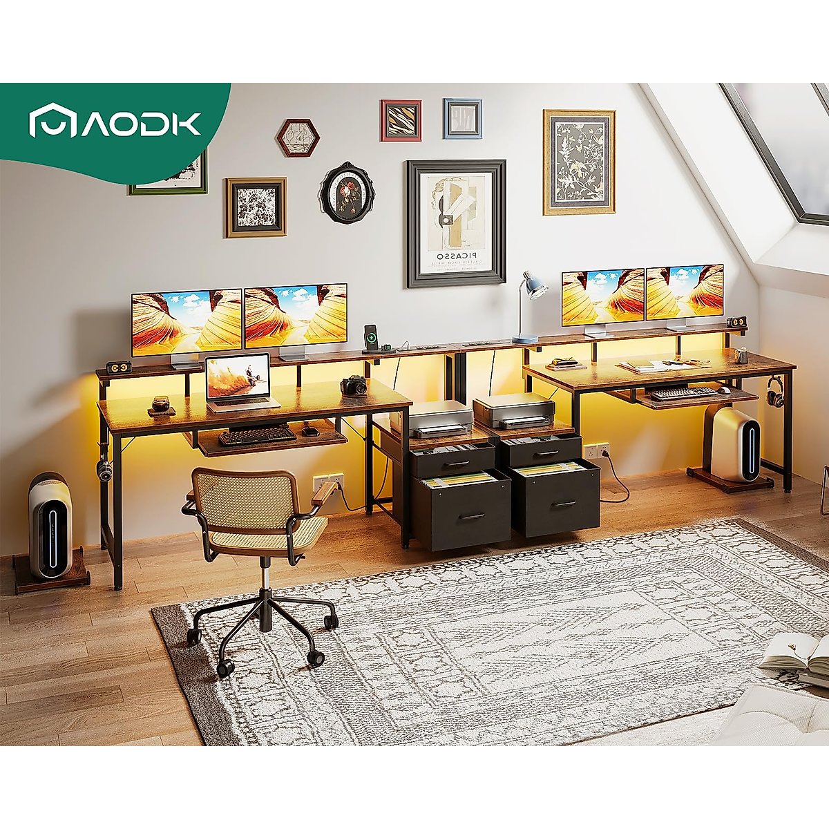 AODK 63-Inch Computer Desk with Power Outlet & LED Light, Reversible Office Desk with File Cabinet and Drawer, Gaming Desk with Keyboard Tray, Study Table with Full Monitor Riser and PC Stand, Vintage