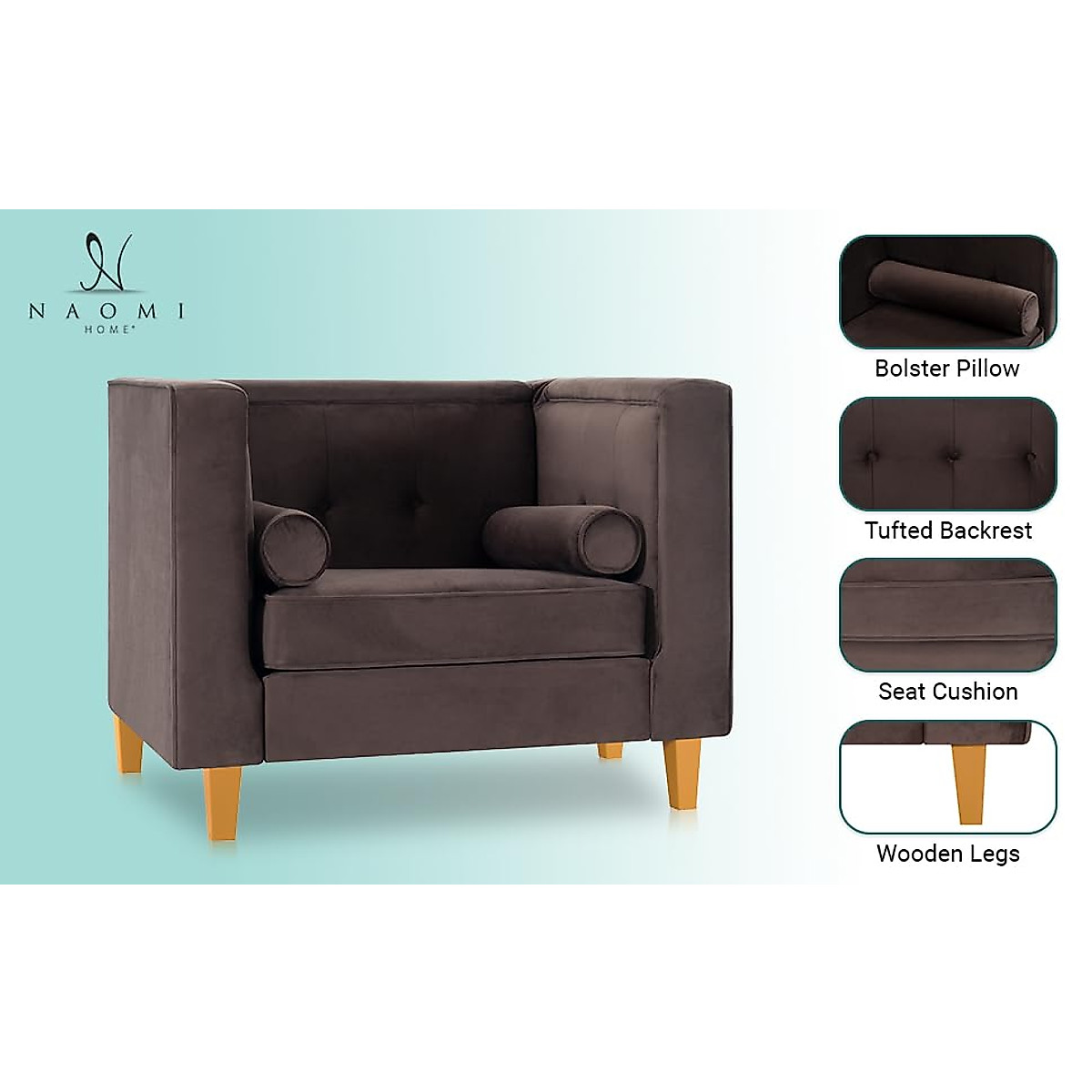 Naomi Home Audrey Velvet Accent Chair for Living Room, Mid Century Chair Arms, Tufted Cushion, Solid Wooden Legs Reading Chairs for Bedroom Comfy - Espresso