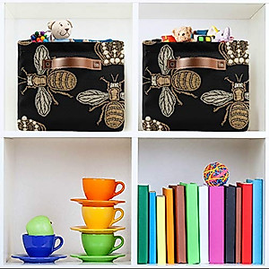 AGONA Gold Embroidery Bee Crown Black Foldable Storage Bin Large Collapsible Fabric Storage Box Organizer Containers Baskets with Leather Handles for Shelves Home Bedroom Organizer Nursery Office 2 Pa