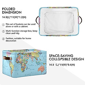 AUUXVA Globe World Map Storage Basket Collapsible Cloth Storage Cube Basket Bins Organizer with Handles Rectangular Large Toys Shelf Closet for Nursery Bedroom Home Office