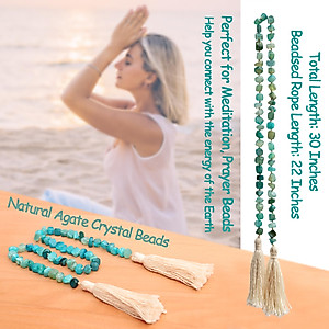 LUMITI Agate Stone Hand Knotted Garland Modern Farmhouse Rustic Table Home Decor, 30inch Meditation Accessories with Tassel, Prayer Healing Beads Boho Wall Shelf Hanging Decoration (Lime Green)