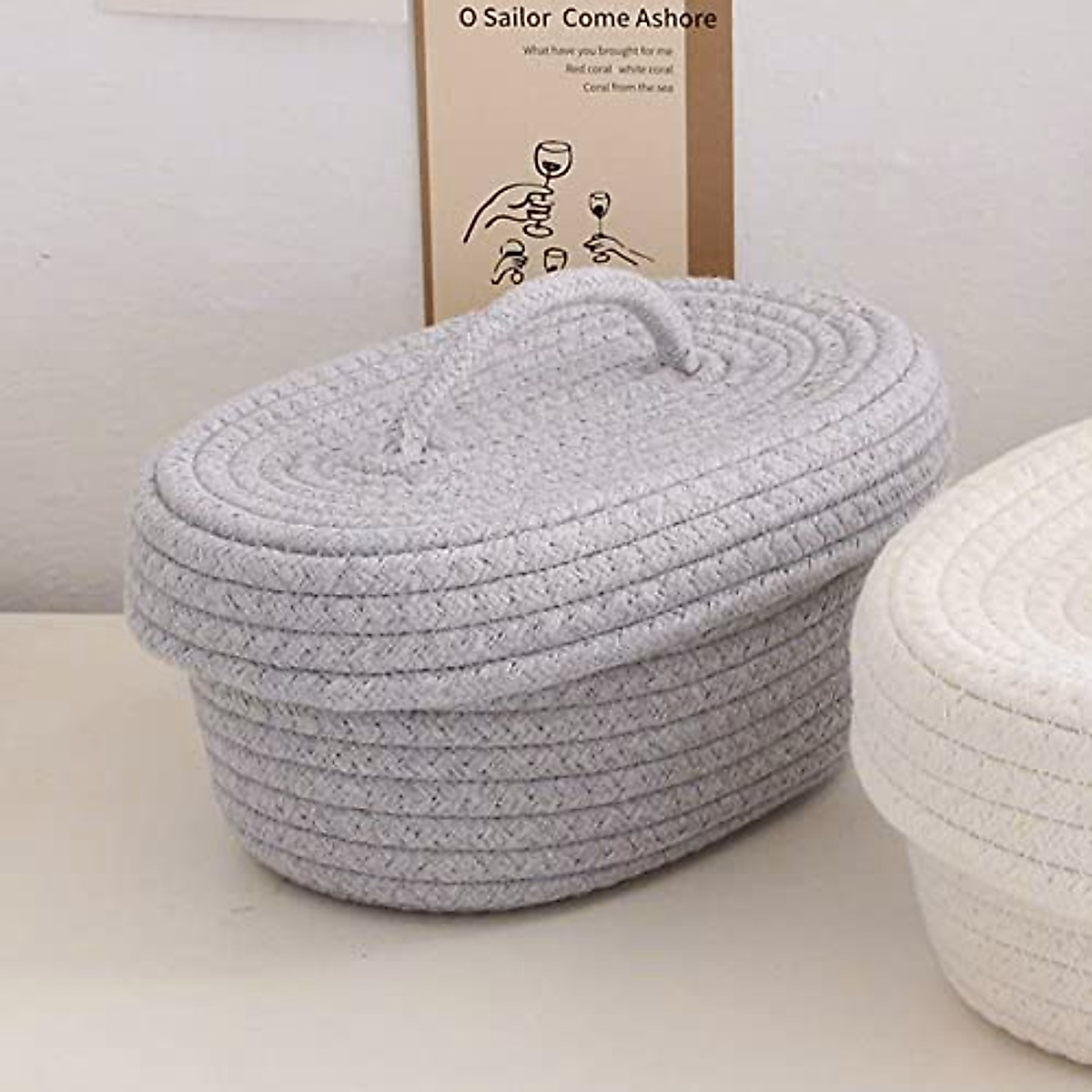 Atyhao Storage Bins,Desktop Storage Box with Lid Handmade Cotton Rope Storage Basket for Makeup Sundries Snack Needles (Grey)