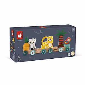 Janod - Tropik Tropical Pull-Along Train - 11 Pieces and 3 Cars - Ages 1 Year + J08272