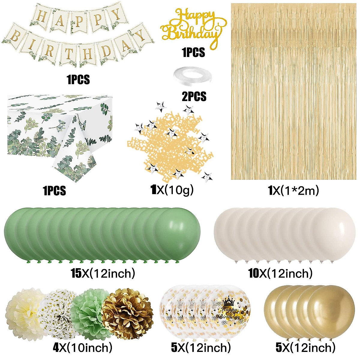 Sage Green Birthday Decorations, Olive Green Gold White Sand Balloons Happy Birthday Banner Tablecloth Gold Fringe Curtain Paper Pom Poms for Kids Women Men Girls Boys Birthday Green Party Decor
