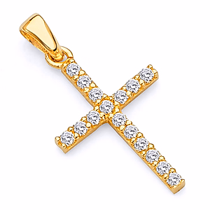 14k REAL Yelow Gold Slim Cross CZ Charm Pendant