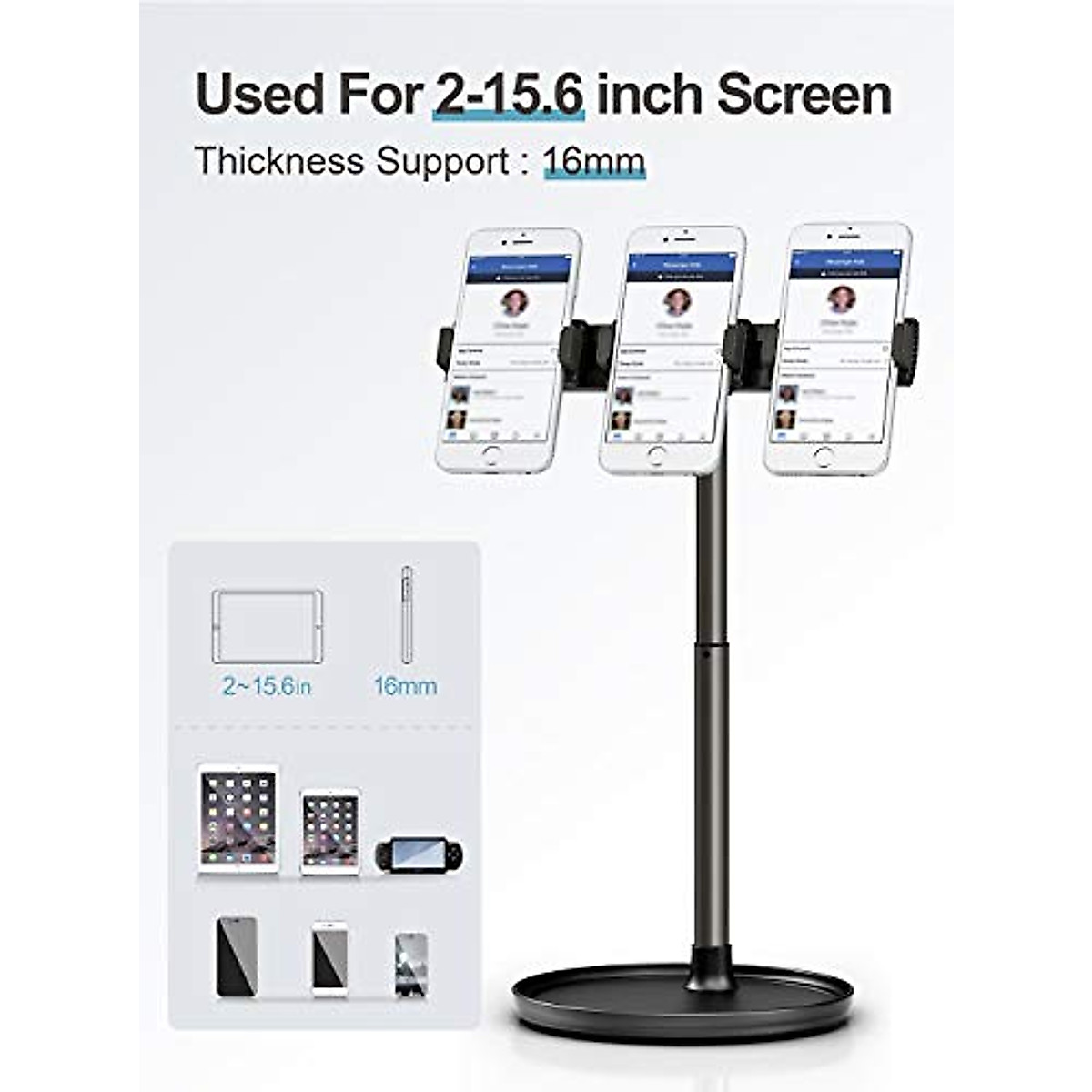 Phone Stand,Cell Phone Stand of Desk,Multi-Phone Holder,Adjustable Height,Unlimited Vision,Stable Base,Support All Phones and Screens from 2-15.6 inch+4.7 inch,(iPhone, Android,Switch,etc.),