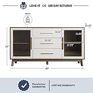 BELLEZE Sideboard Buffet Cabinet with 3 Drawers & 2 Doors, Console Table for Kitchen Glass Storage Cabinet Coffee Bar Accent Cabinet for Living Room Dining Room Hallway, White