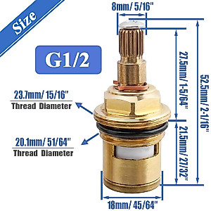 Wolfride 2Pcs Faucet Cartridge Replacement, 20 Teeth G1/2" Brass Ceramic Stem Disc Cartridge Cartridge Faucet Valve Hot and Cold for Bathroom Kitchen Faucets