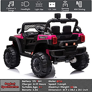 Kids Ride On Car with Parent Remote Control 4x4 Ride On Truck Car Kids Electric Vehicles 12V Ride on Toys for Boys Girls Power Vehicles Wheels, Single Seat, Storage Box, Rose Pink