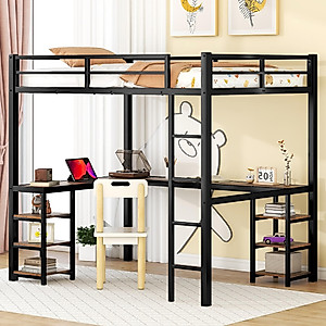 Bellemave Full Size Loft Bed with L Shaped Desk,Metal Frame Loft Bed Full with Storage Shelves,Heavy Duty Metal Loft Bed for Kids,Teens, Noise Free,Black