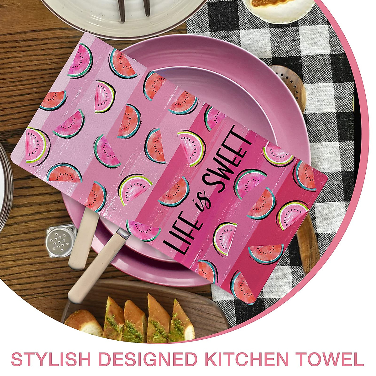 Seliem Summer Life is Sweet Watermelon Kitchen Dish Towel Set of 2, Red Pink Stripes Hand Towel Drying Baking Cooking Cloth, Spring Seasonal Farmhouse Home Kitchen Decor 18x26 Inch