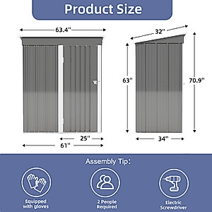 VOTSMOKK 5 x 3 FT Outdoor Storage shed, Metal Tool Shed Storage House with Lockable Door, Small Shed Outside Storage Waterproof Shed for Backyard, Garden and Patio, Grey
