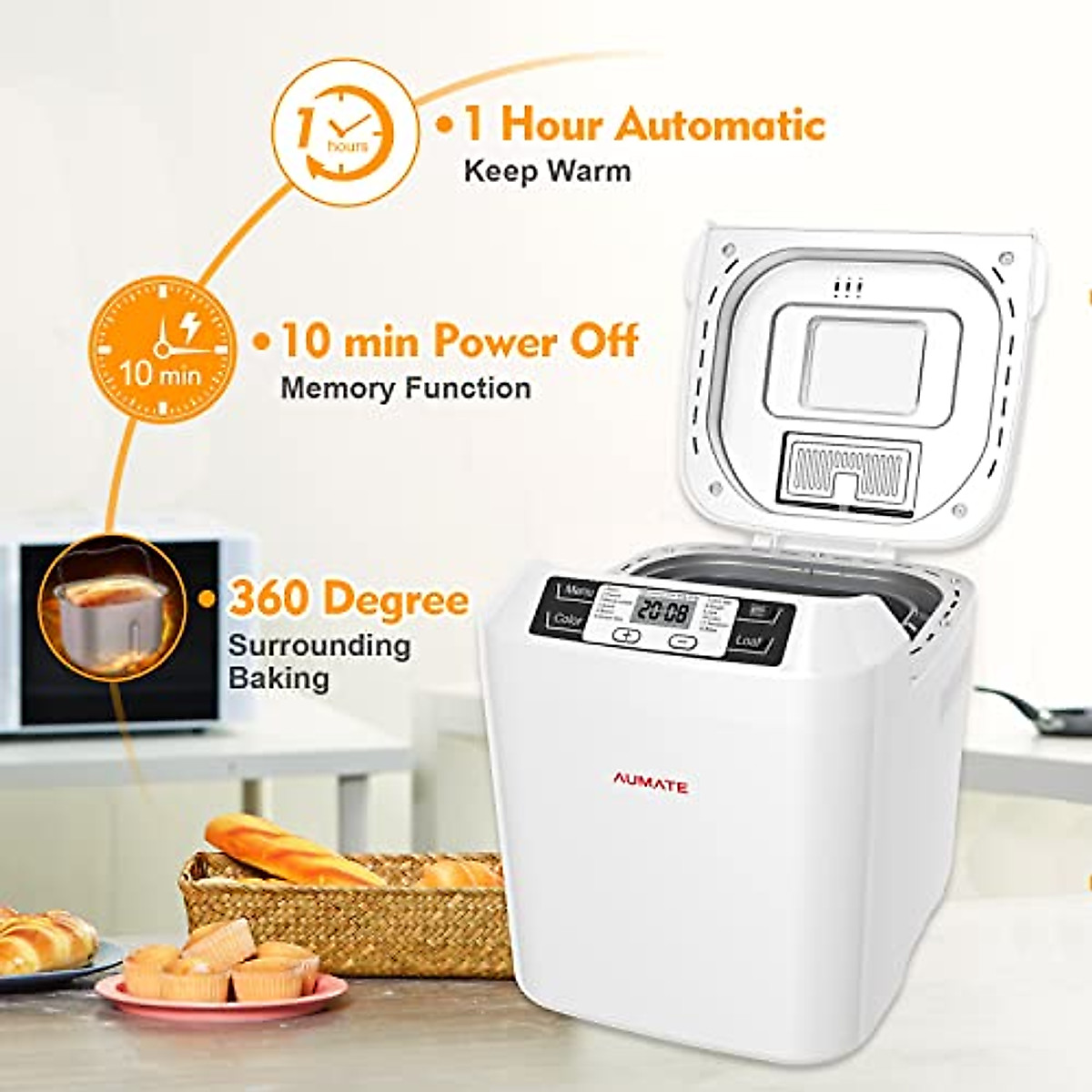 Bread Machine,AUMATE 2LB Bread Maker,with 12 Presets,Gluten-Free Setting,Auto Fruit Nut Dispenser & Nonstick Pan,2 Loaf Sizes,13H Reserve & 1H Keep Warm (Milky White)