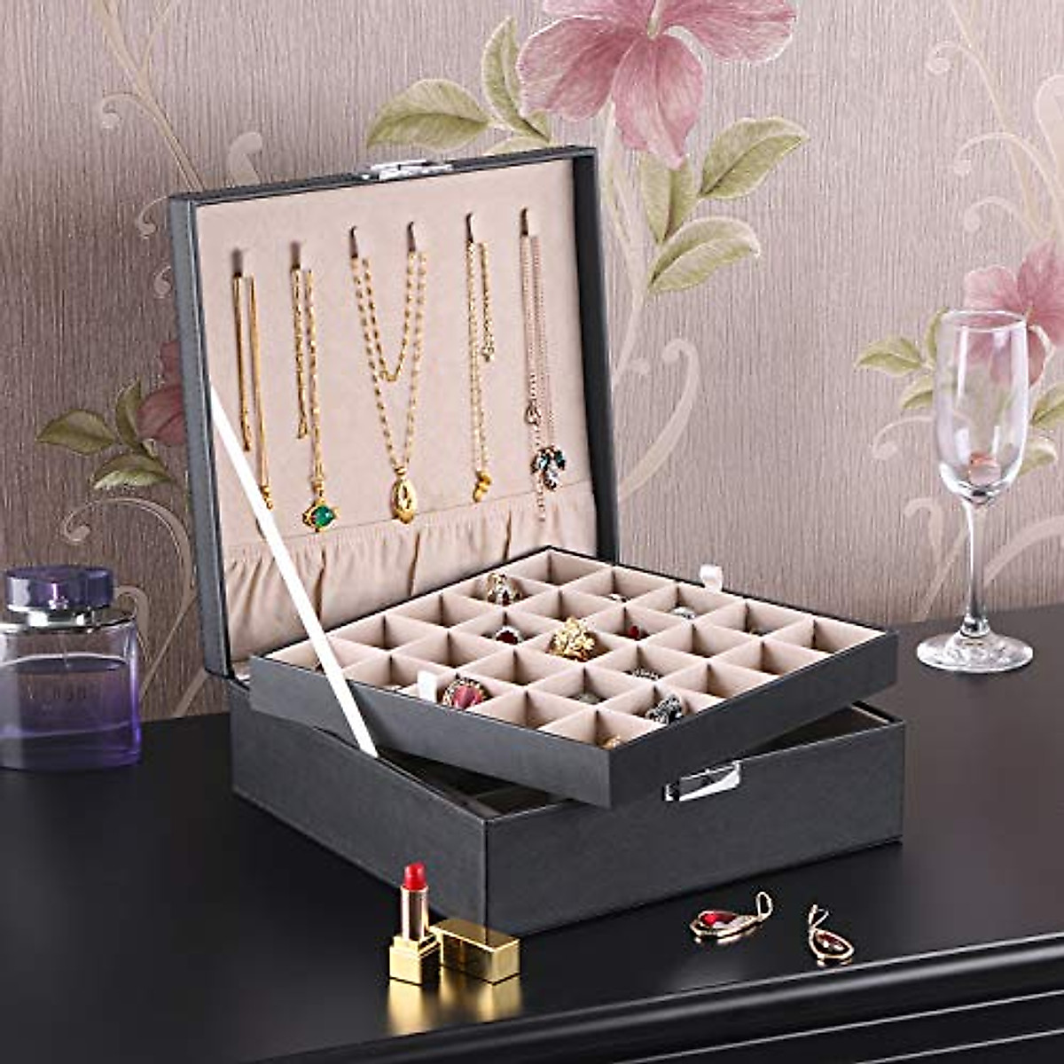 BEWISHOME Earring Organizer Holder for Cufflinks, Rings, Pendants, Chain - 50 Slots Case, 6 Necklace Hook, 2 Stackable Trays - Elegant Jewelry Storage Box for Girls Women, Black Faux Leather SSH11B