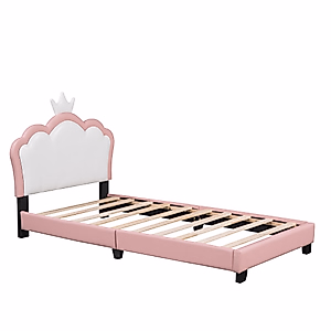 P PURLOVE Twin Size Upholstered Princess Bed for Girls with Crown Headboard,Twin Size Platform Bed with Headboard and Footboard,Cute Platform Bed Frame for Kids