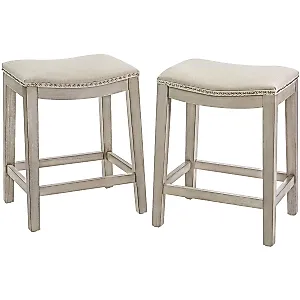 Barton Set of 2 Bar Stools Beige 24" Saddle Backless Premium Padded Indoor/Outdoor Nailhead Cushion Kitchen Counter Chairs Pub Seat Foot Rest