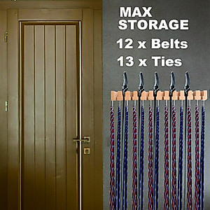 Belt Organizer for Closet, Wooden 2-in-1 Belt Hanger Tie Rack, Wall Mount Belt Holder Tie Hanger Organizer Max 12 Belt & 13 Tie Storage with 360° Swivel Hook