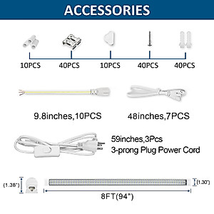 JESLED 10-Pack 8FT LED Shop Light Fixture, 90W 12000LM 6500K LED Tube Lights T8 Integrated, Linkable, Plug and Play, High Output, D Shape 3 Rows 300 Degree Lighting for Garage, Workshop