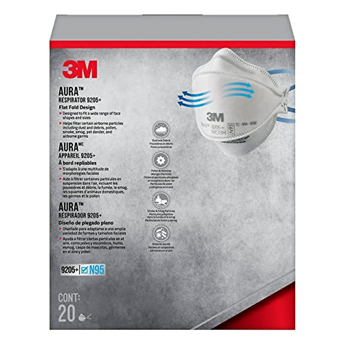 3M Aura Particulate N95 Respirator 9205+, Flat Fold Lightweight Design, Non-Valved, 20 Count (Pack of 1)