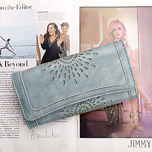 APHISON Womens Wallets RFID Blocking PU Leather Clutch Long Wallet for Women Card Holder Phone Organizer Ladies Travel Purse Hollow Out Sunflower Design Gift Box 2214BLUE