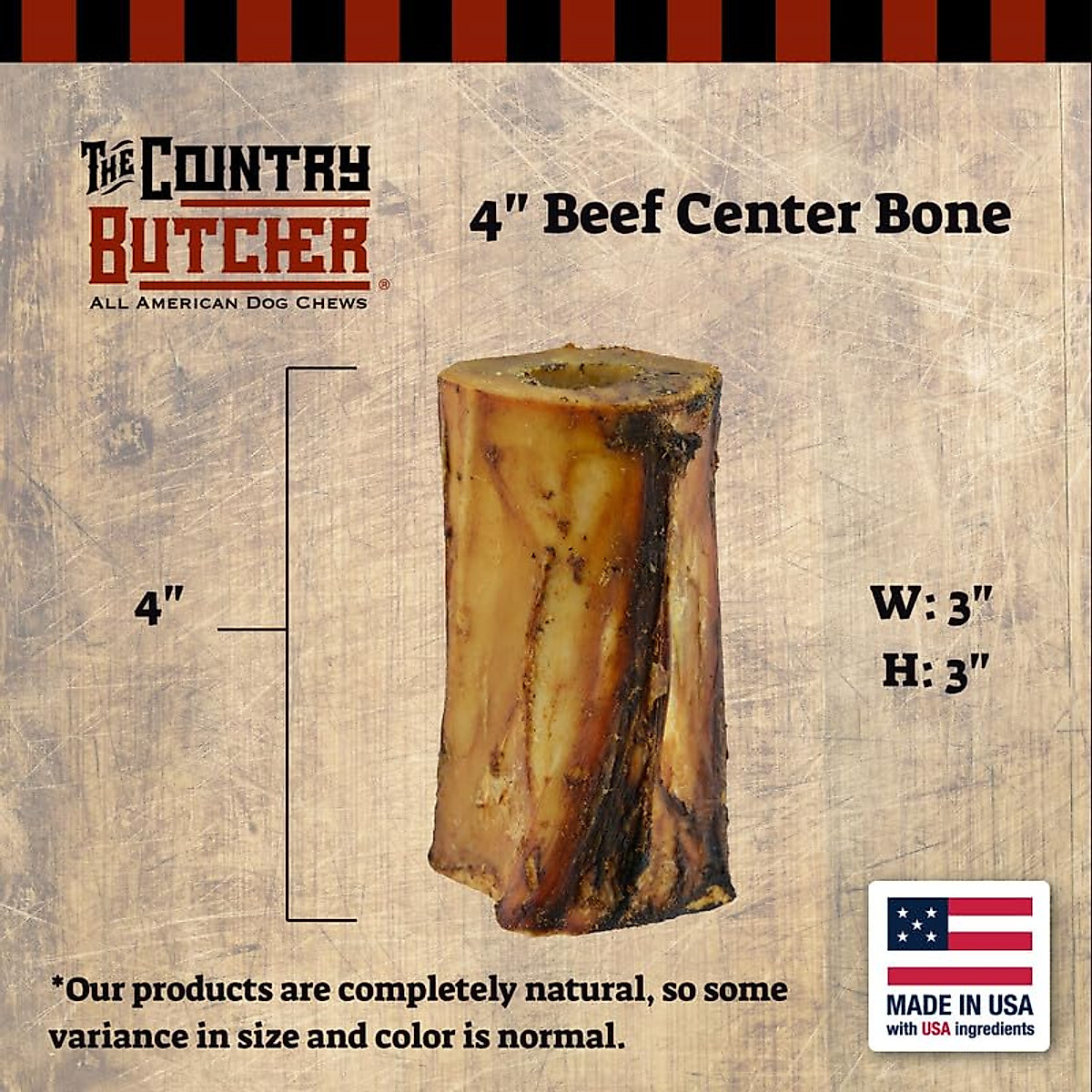 THE COUNTRY BUTCHER 4" Beef Marrow Dog Bones for Aggressive Chewers, Small and Medium Breed Dog Treat, with Collagen, Natural, Tough, Chew Toy, Made in The USA, 6 Count