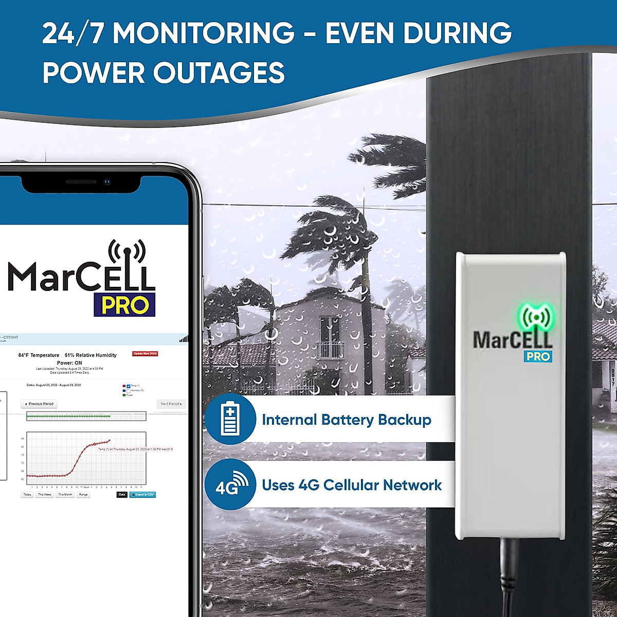 MarCELL PRO - Professional Level Remote Temperature, Humidity & Power and Water or Leak Monitor - No WiFi Needed - RV, Network Room, Freezer, Home - Instant Phone Call Alerts - Made in The USA