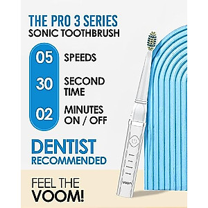 Voom Sonic Pro 3 Rechargeable Electric Toothbrush With Soft Dupont Nylon Bristles Dentist Recommended Portable Oral Care 2-Minute Timer 3 Adjustable Speeds Light Weight Design - White
